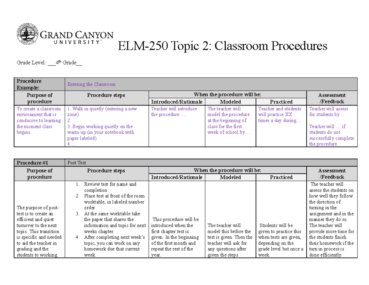 T2 Classroom procedures template - ELM-250 Topic 2: Classroom ...