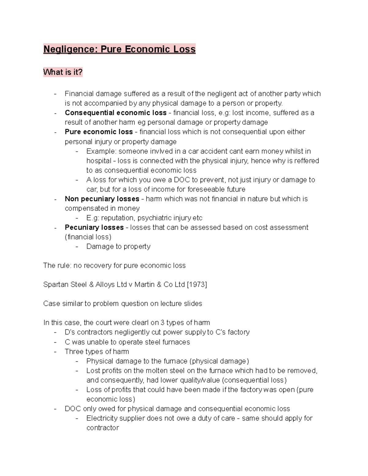 Negligence Pure Economic Loss - Consequential economic loss - financial ...