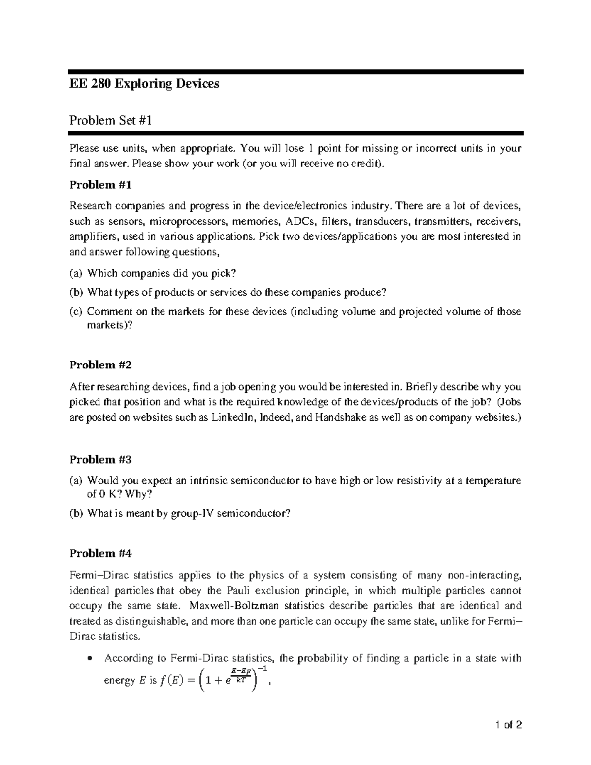 EE 280 homework 1 2024 - 1 of 2 EE 280 Exploring Devices Problem Set ...