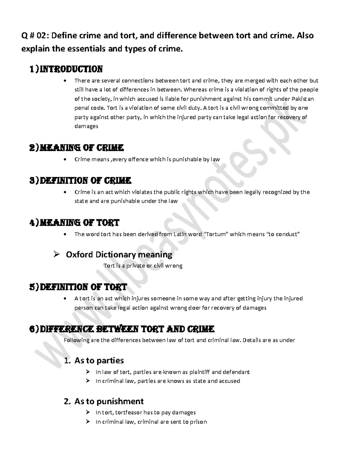 2. Crime Tort and essentials of crime - Q # 02: Define crime and tort ...