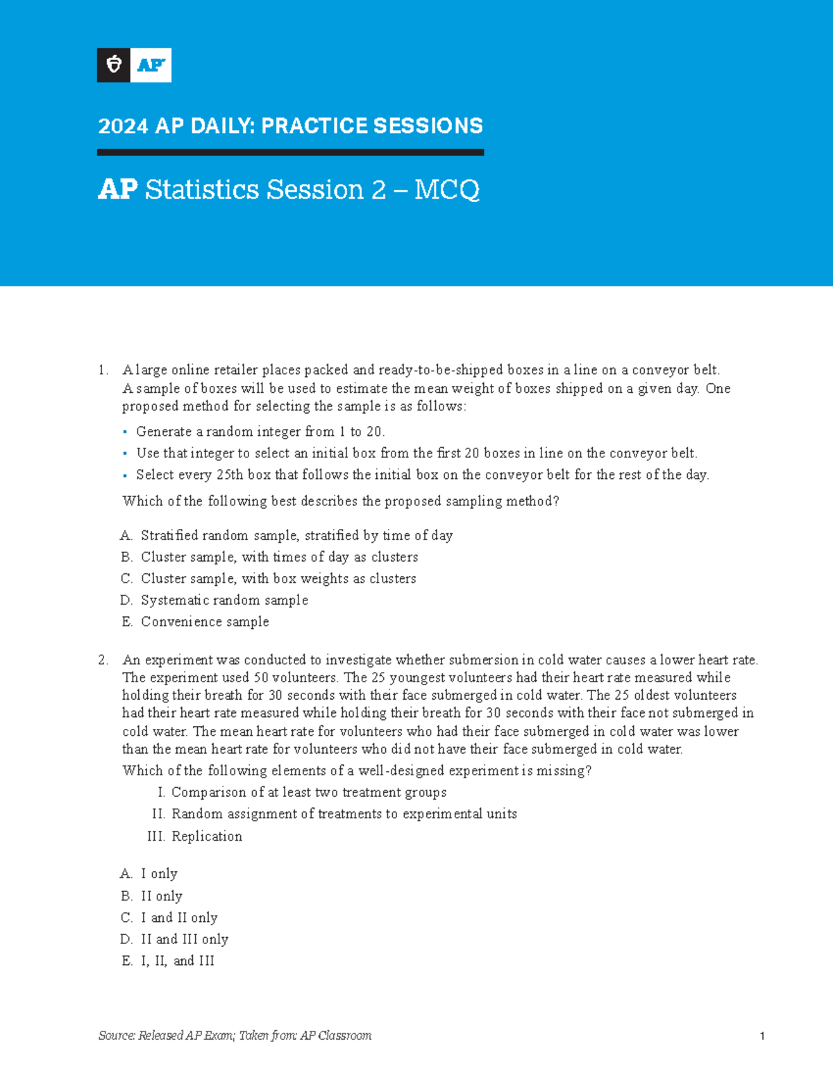 AP Statistics Session 2 Worksheet - Source: Released AP Exam; Taken ...