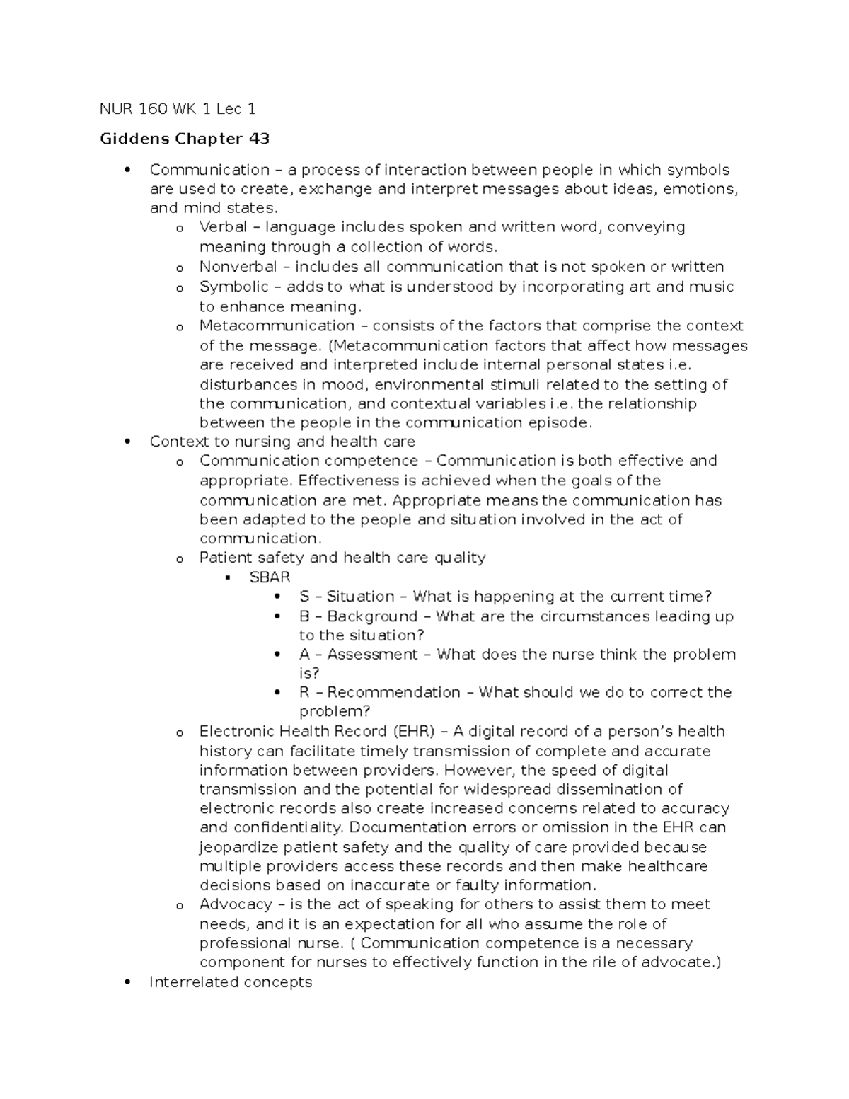 NUR 160 WK 1 Lec 1 - Notes from class - NUR 160 WK 1 Lec 1 Giddens ...