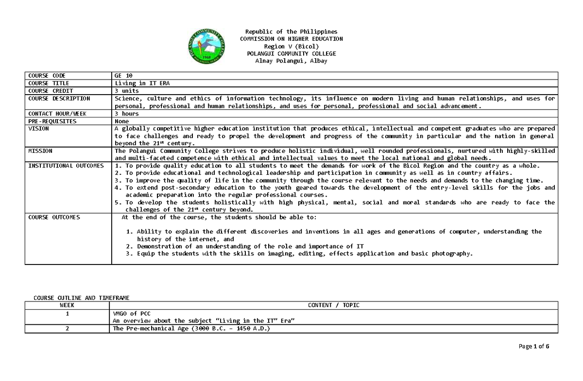 GE 10 Living in the IT ERA - Republic of the Philippines COMMISSION ON HIGHER EDUCATION Region V ...