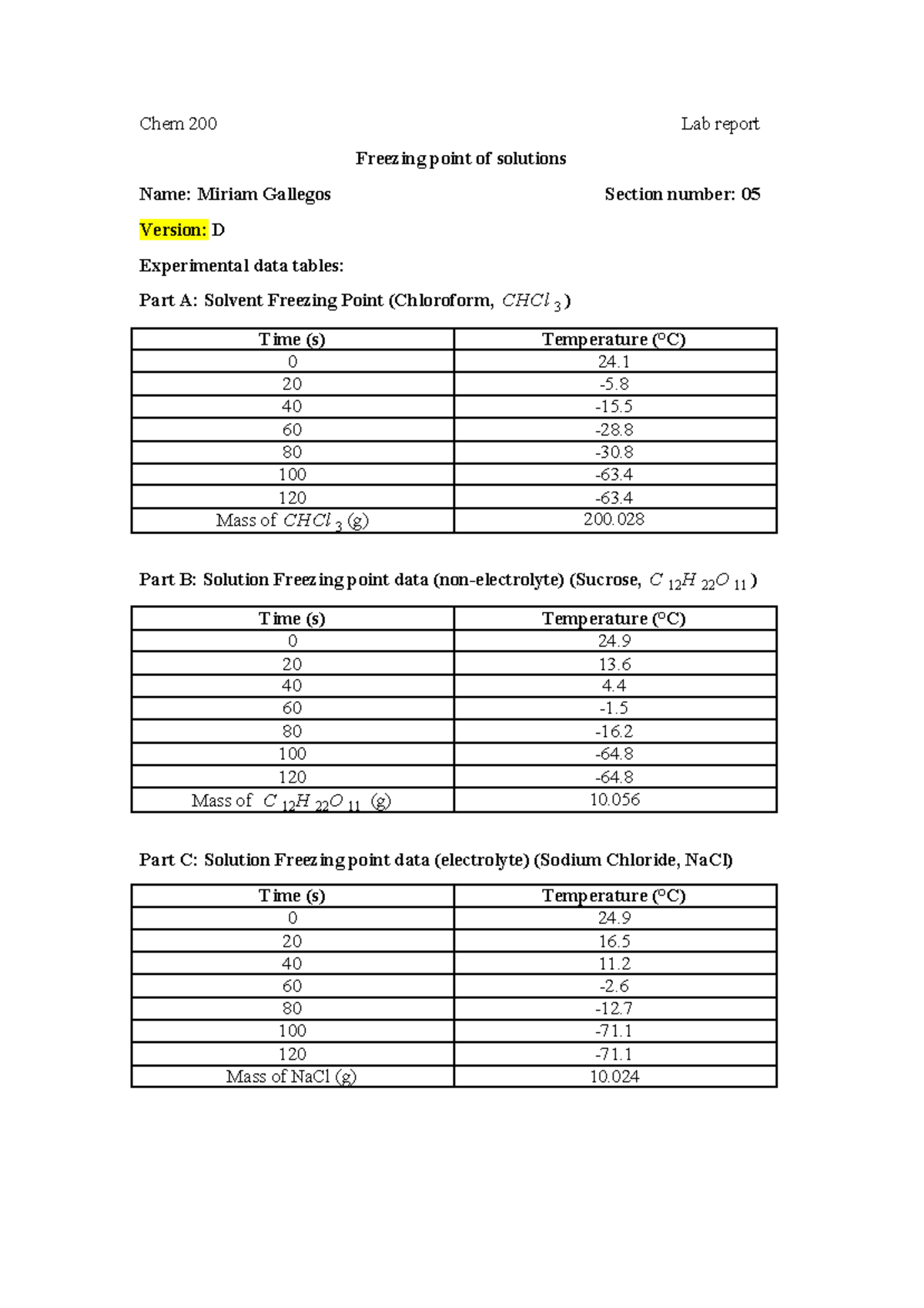 Freezing point deprssion - Chem 200 Lab report Freezing point of ...