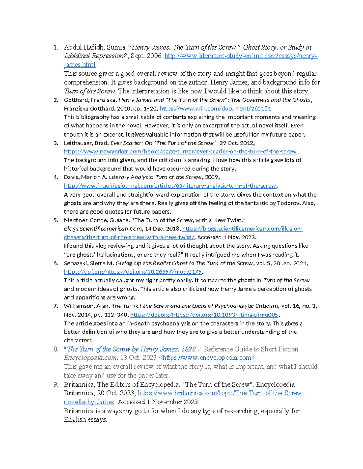 Turn of the Screws bibliography, Jessica Tran - 1. Abdul Hafidh, Sumia ...