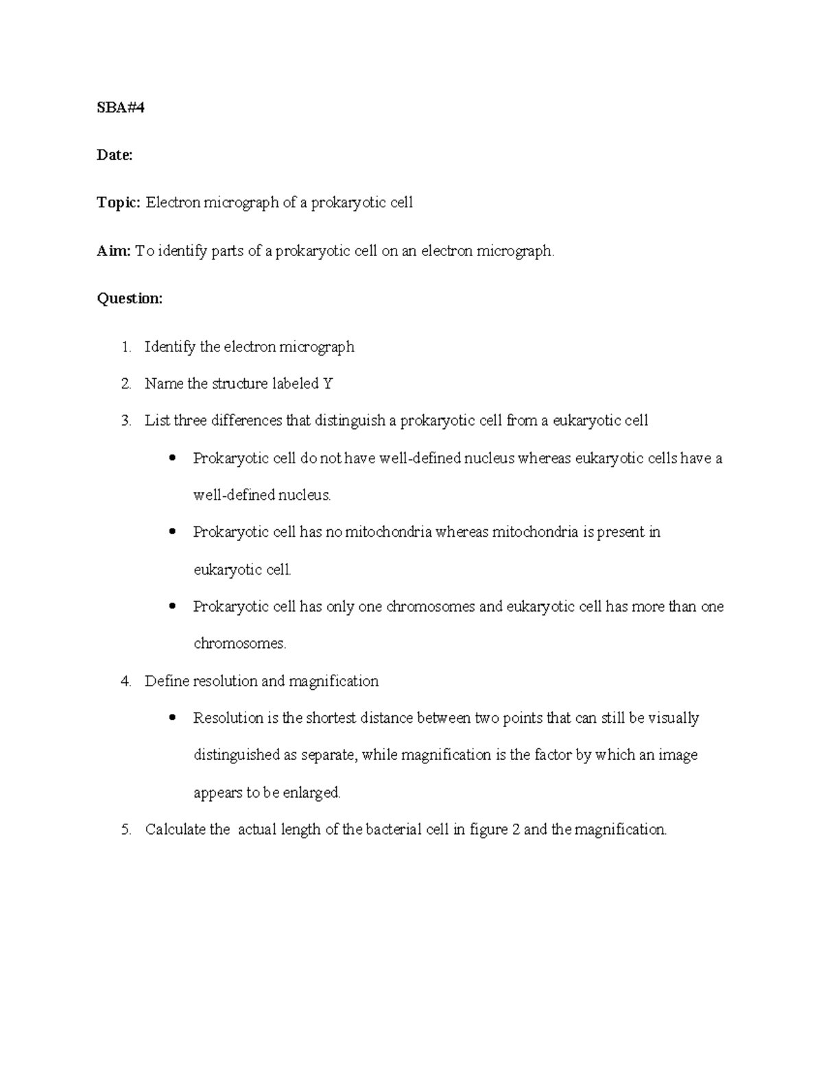Bio sba 2 - lab - SBA# Date: Topic: Electron micrograph of a ...