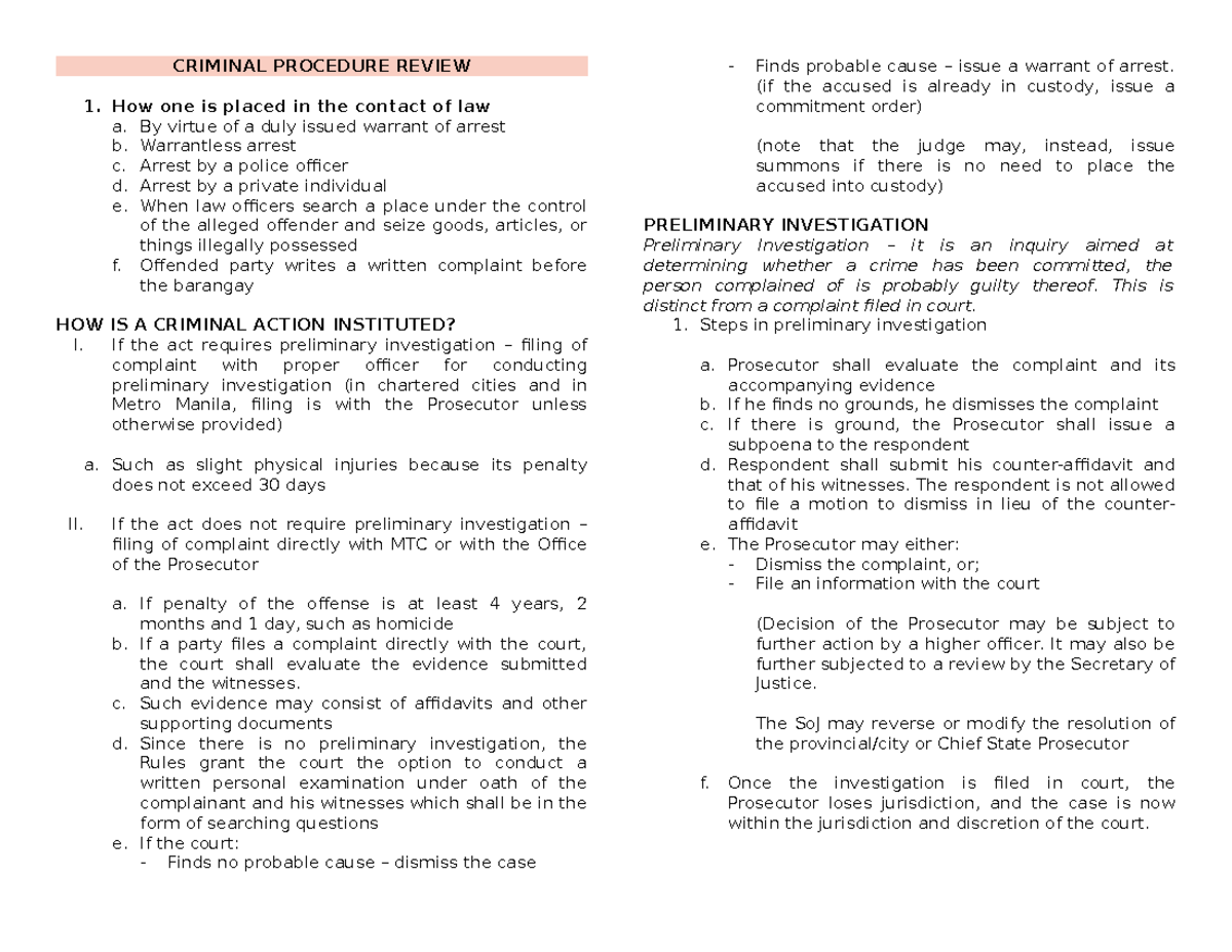 Preliminaries to Rule 110 - CRIMINAL PROCEDURE REVIEW 1. How one is ...