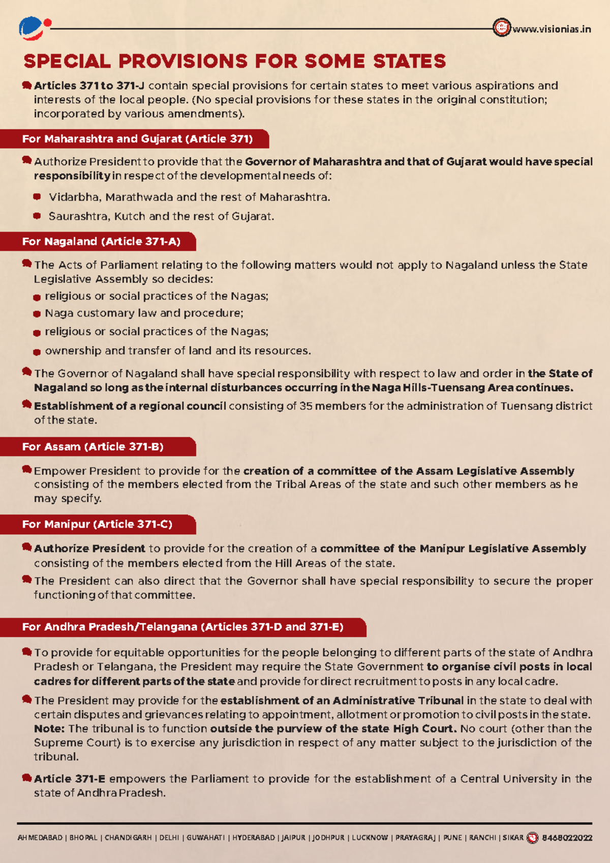 Art 371 to 371J - Good Summary - visionias Special Provisions for some ...