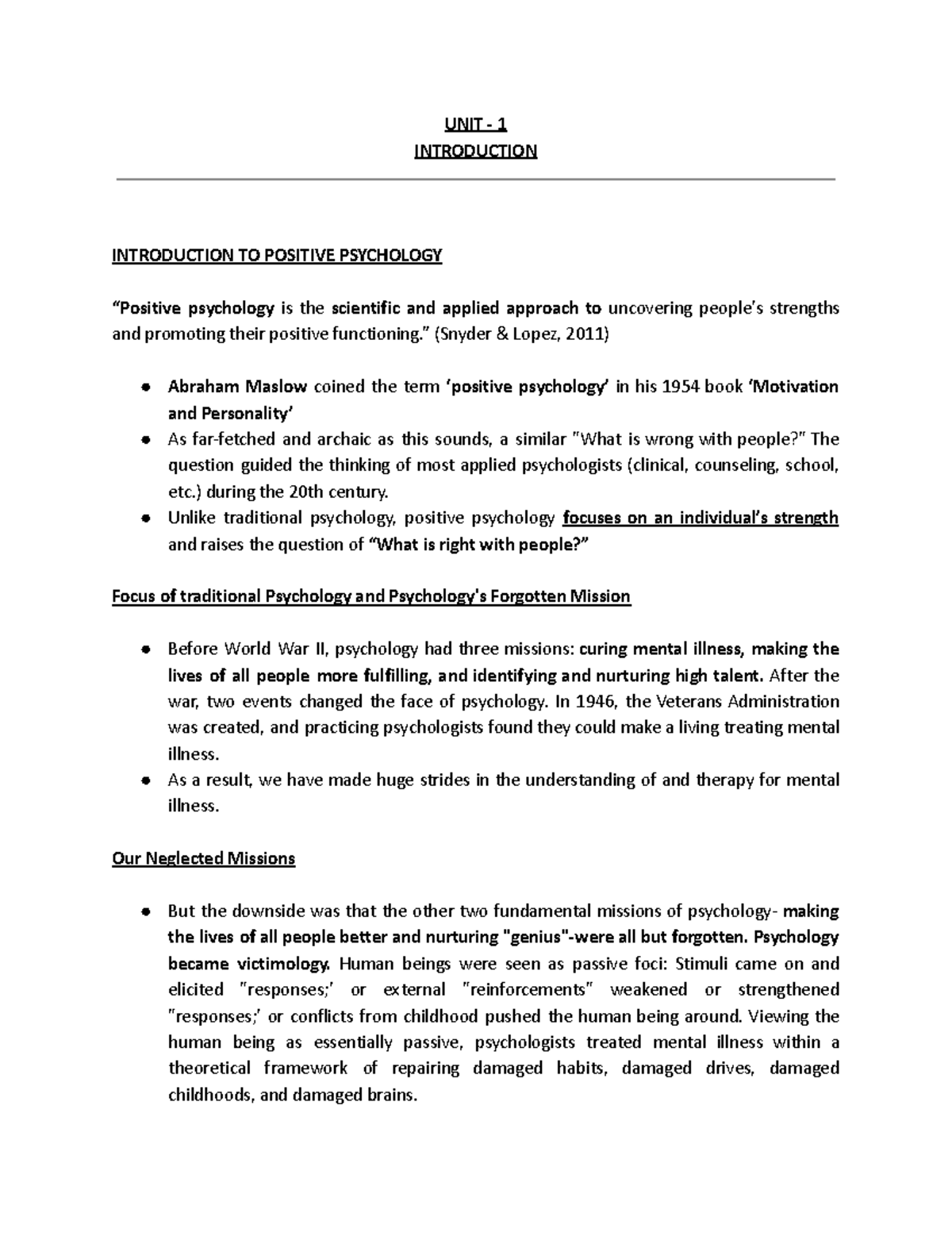 UNIT 1 - Positive psychology unit 1 notes - UNIT - 1 INTRODUCTION ...