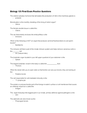 BIOL 125 Final Exam Practice - part 2 - Biology 125 Final Exam Practice ...