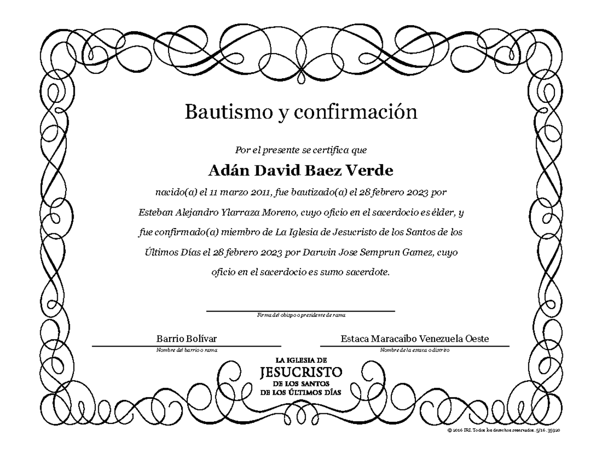 Certificado de Andan Bez} - Bautismo y confirmación Por el presente se ...