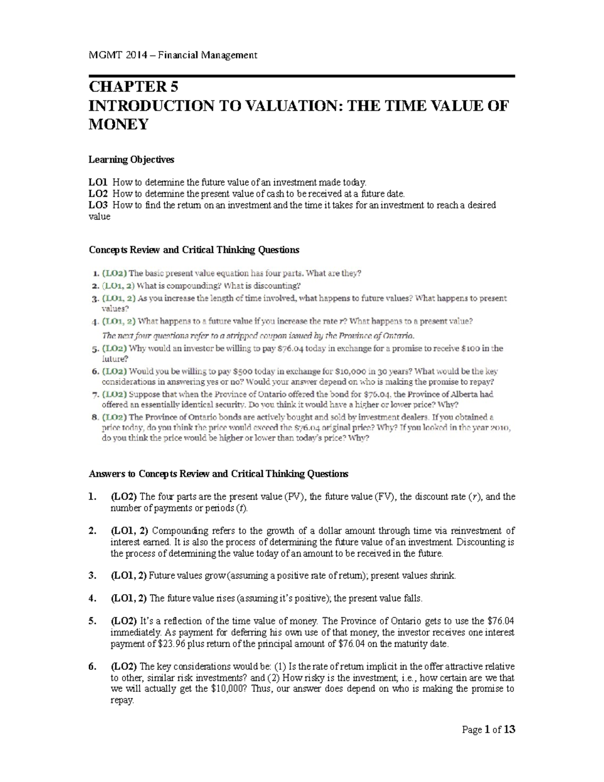 FM - CH5 exercise - CHAPTER 5 INTRODUCTION TO VALUATION: THE TIME VALUE ...
