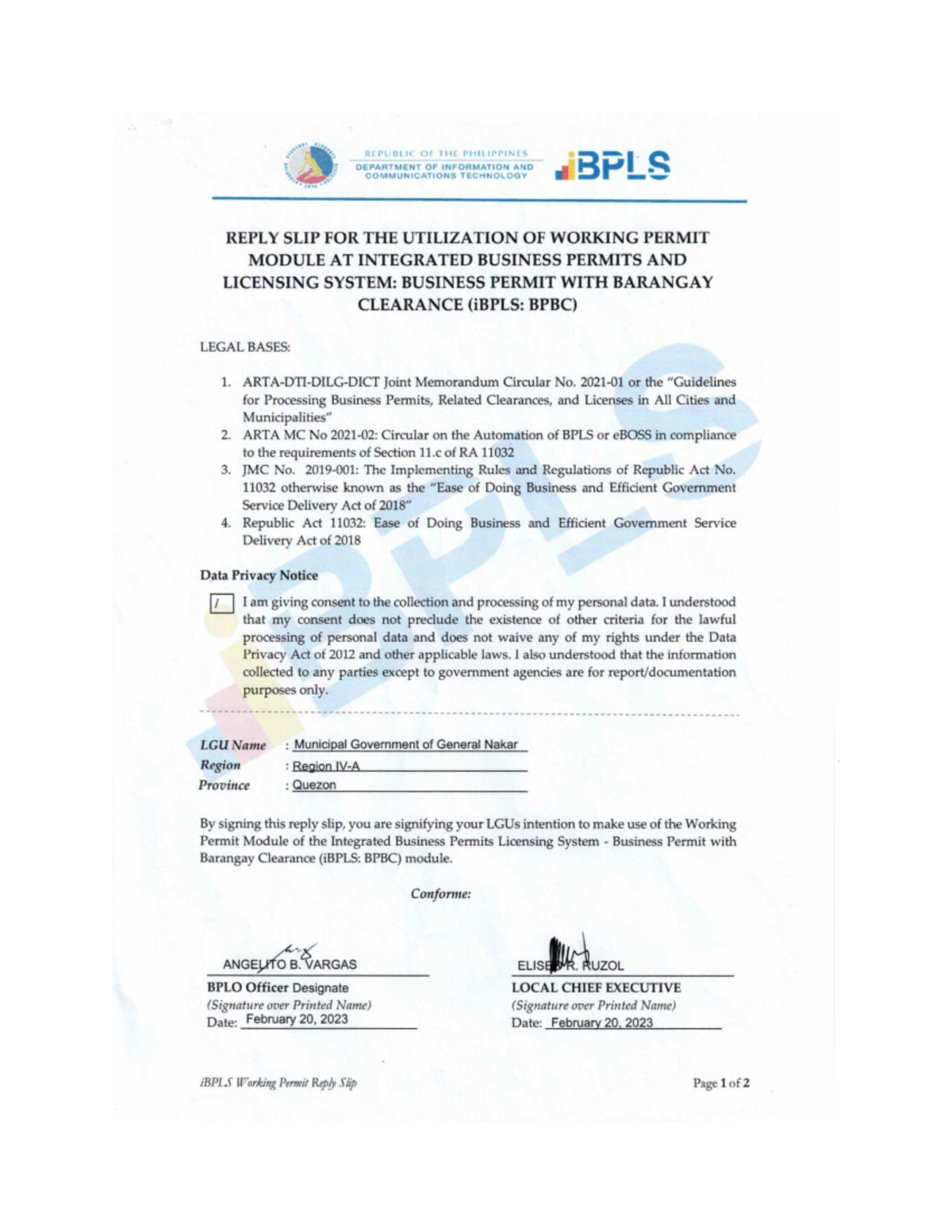 LGU Gen. Nakar Repy Slip for Working Permit Module - Masters in ...