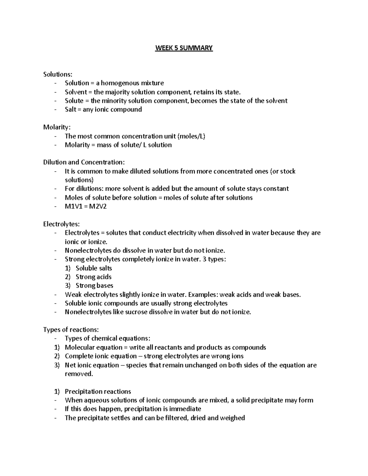 WEEK 5 Summary - solutions, concentration, types of reactions - WEEK 5 SUMMARY Solutions ...