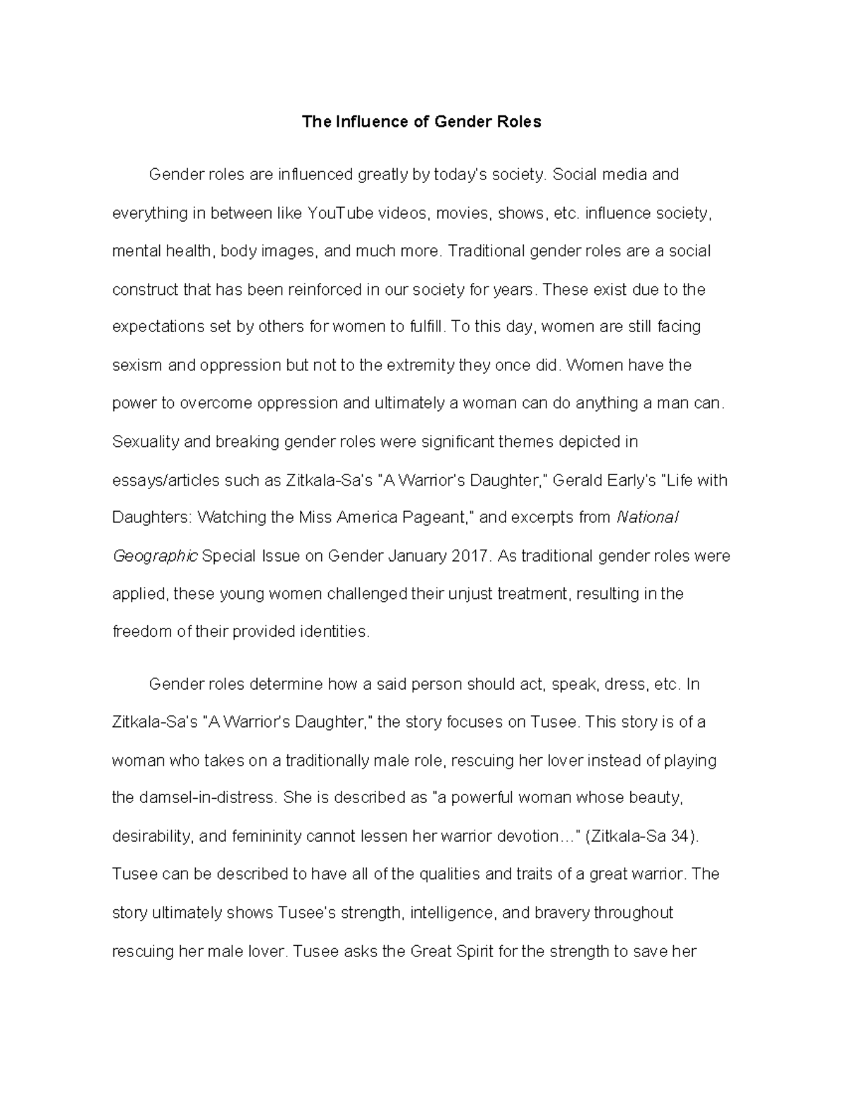 ENG220 - Essay #2 - Grade: A+ - The Influence of Gender Roles Gender ...