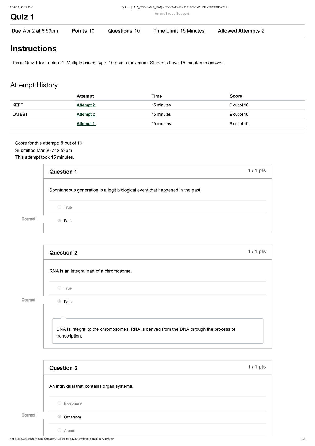 Quiz 1 [1212 Compana N02] - Comparative Anatomy OF Vertebrates - 3/31 ...