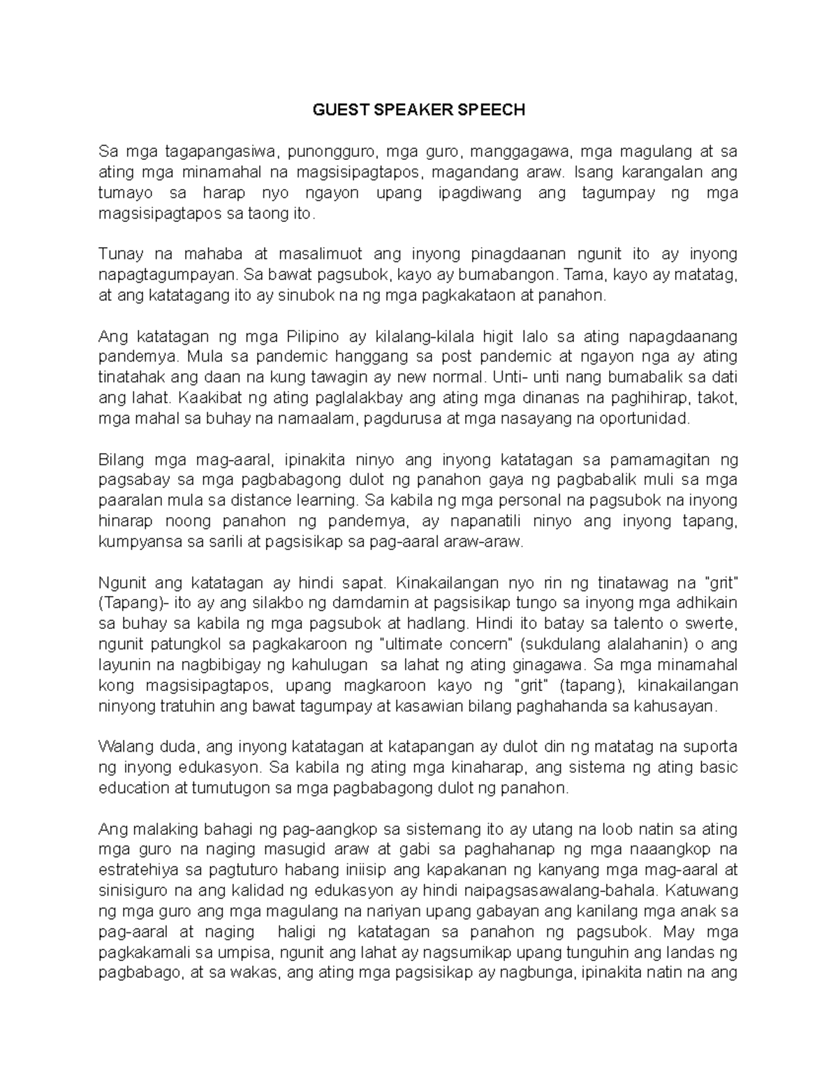 Translated speech - GUEST SPEAKER SPEECH Sa mga tagapangasiwa ...