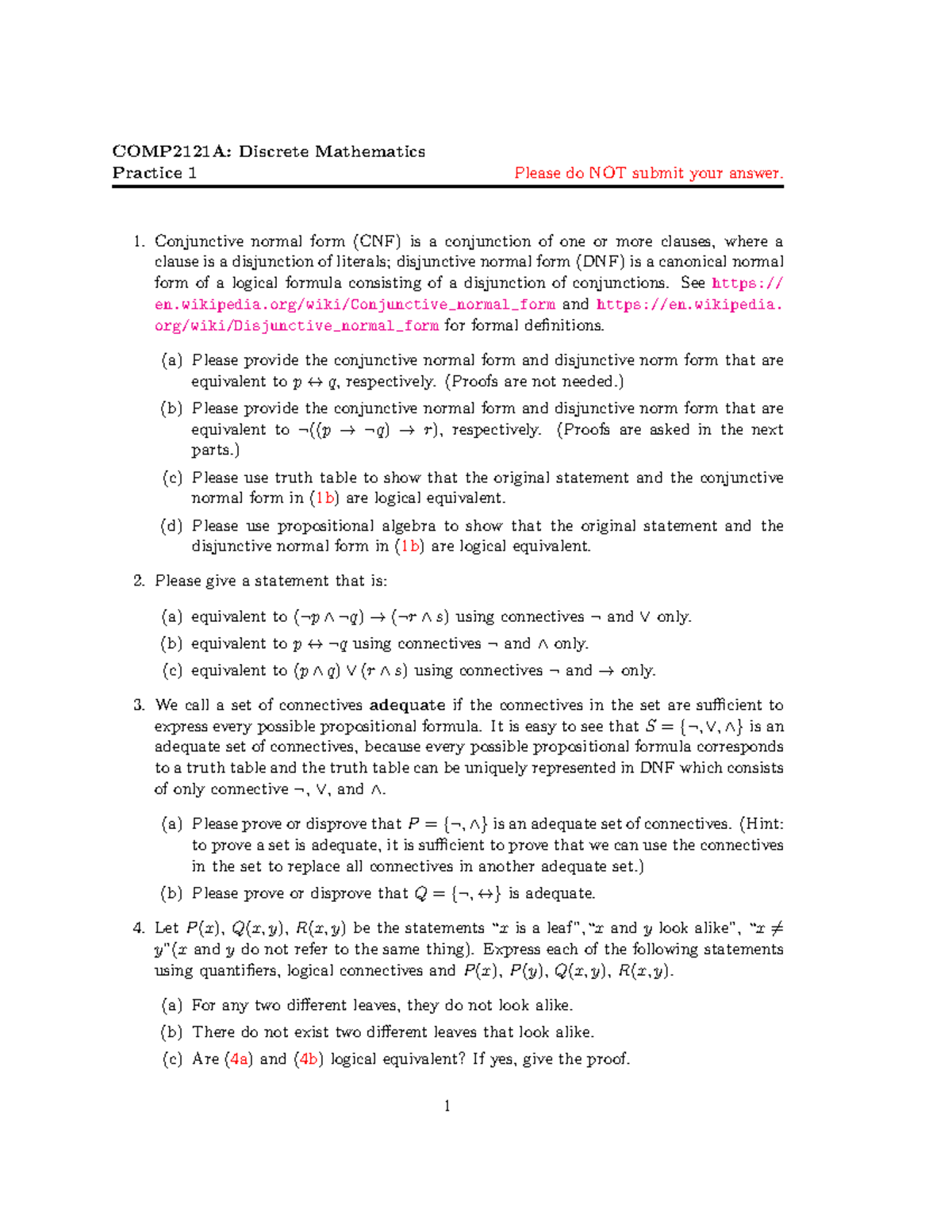 COMP2121 2024 Practice 1 Questions - COMP2121A: Discrete Mathematics Practice 1 Please do NOT ...