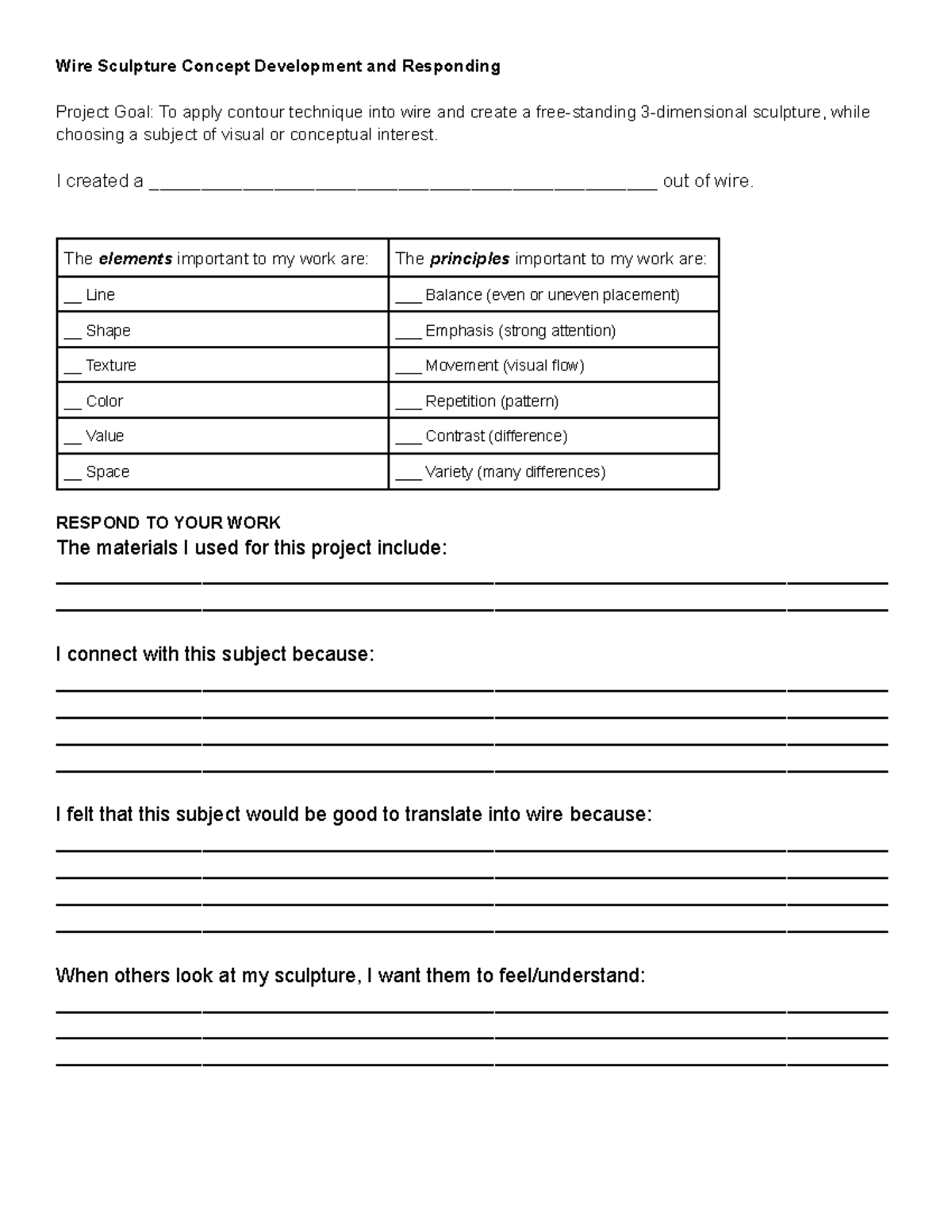 Wire Sculpture Concept Development Worksheet - Wire Sculpture Concept ...