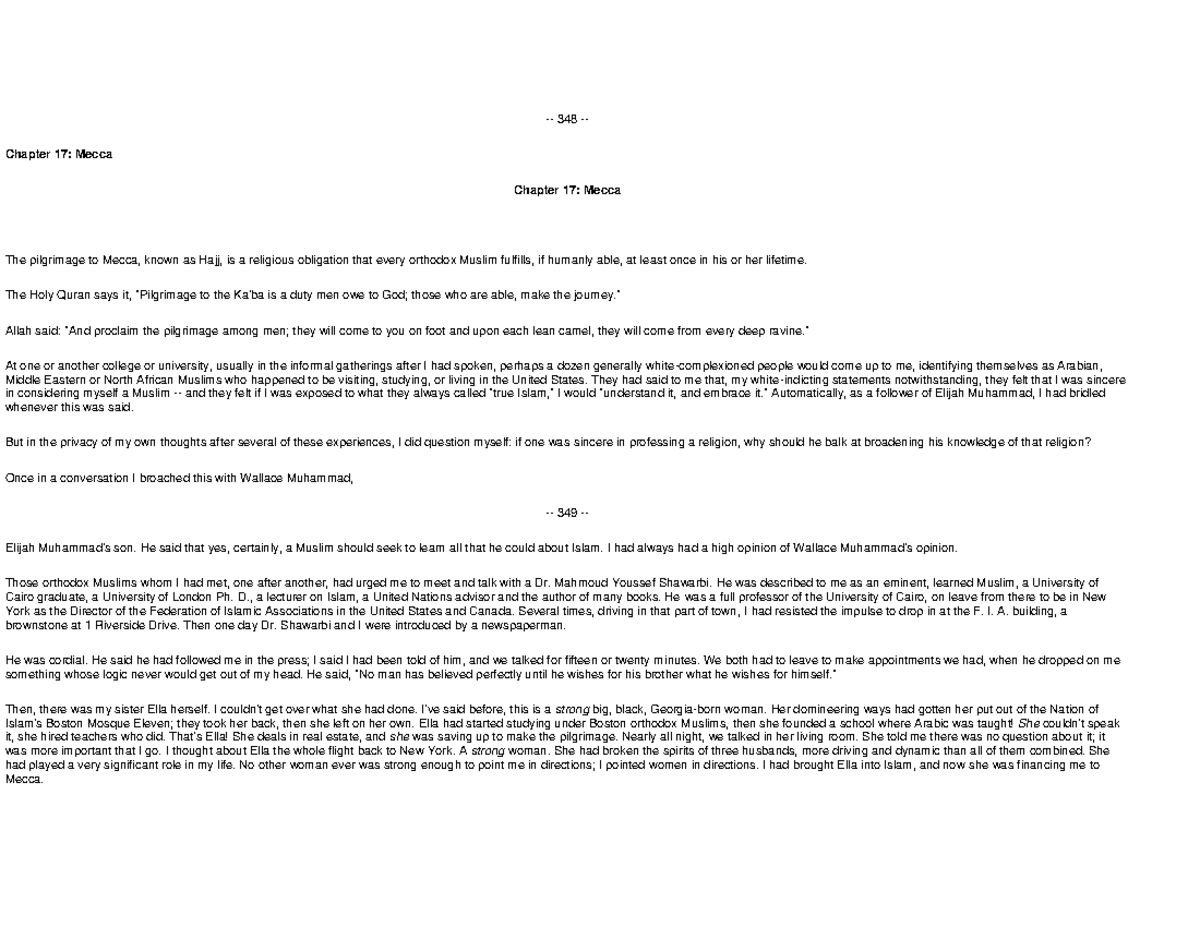 Malcolm X Reading - Nov 4 2010 - 348 - Chapter 17: Mecca Chapter 17: Mecca The pilgrimage to ...