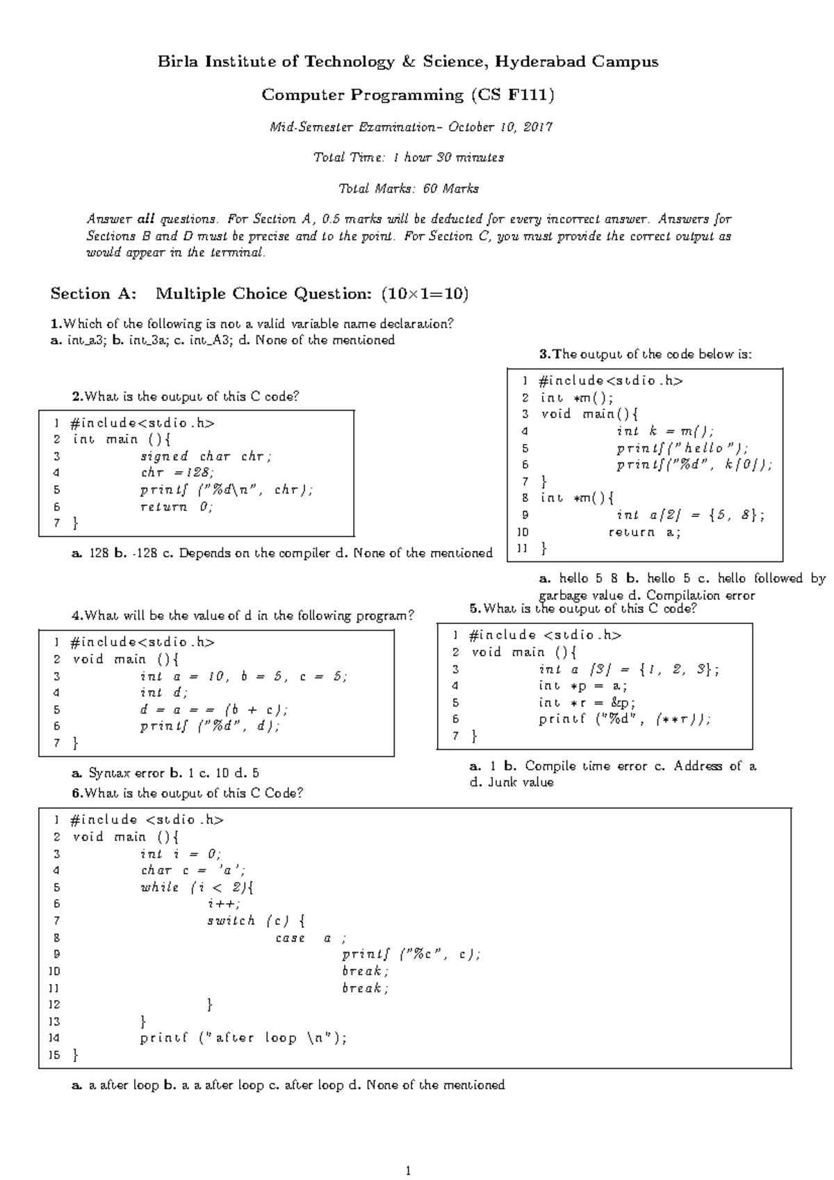 Regular(2017 ) - Regular(2017 ) - Computer Programming - BITS Pilani - Studocu