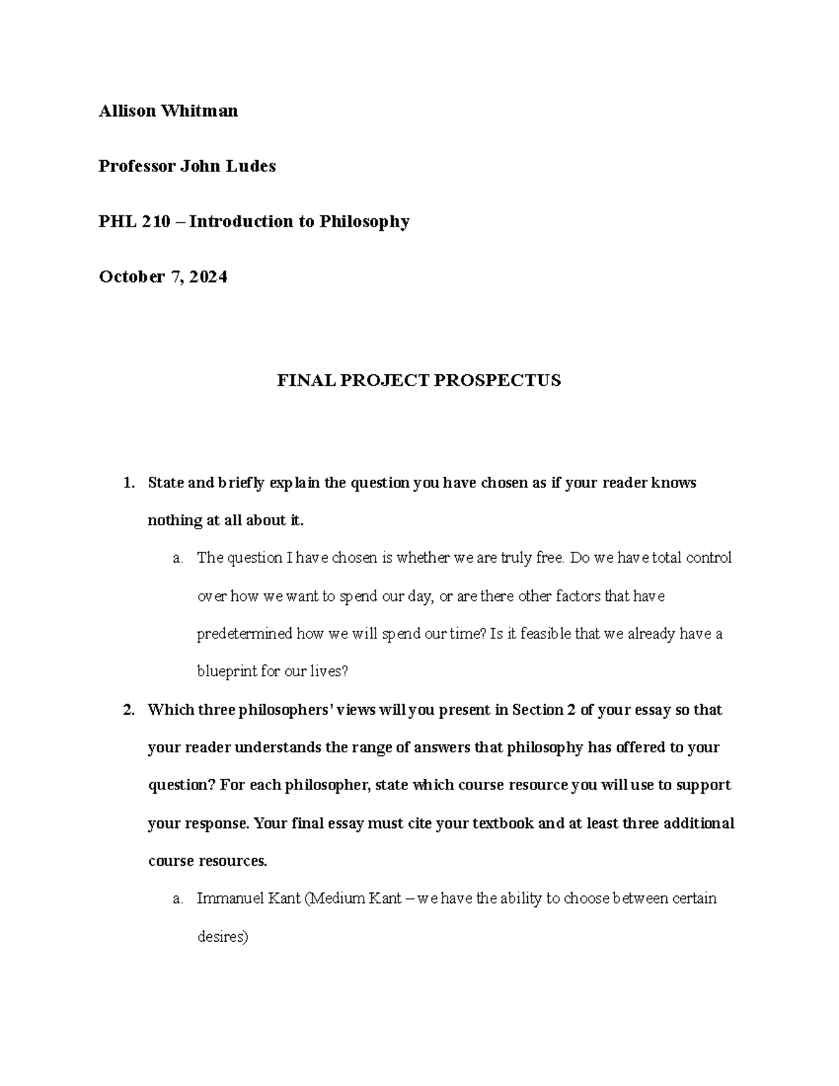 PHL 210 Module 5 Prospectus - Allison Whitman Professor John Ludes PHL ...