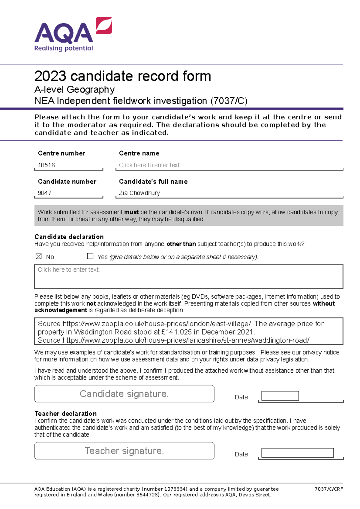 Zia candidate record 1 - 2023 candidate record form A-level Geography ...