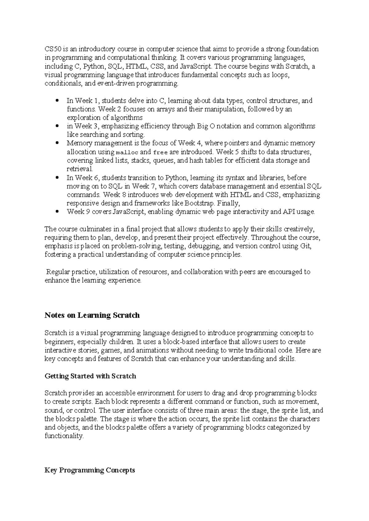cs50 SCRATCH Summary - CS50 is an introductory course in computer science that aims to provide a ...