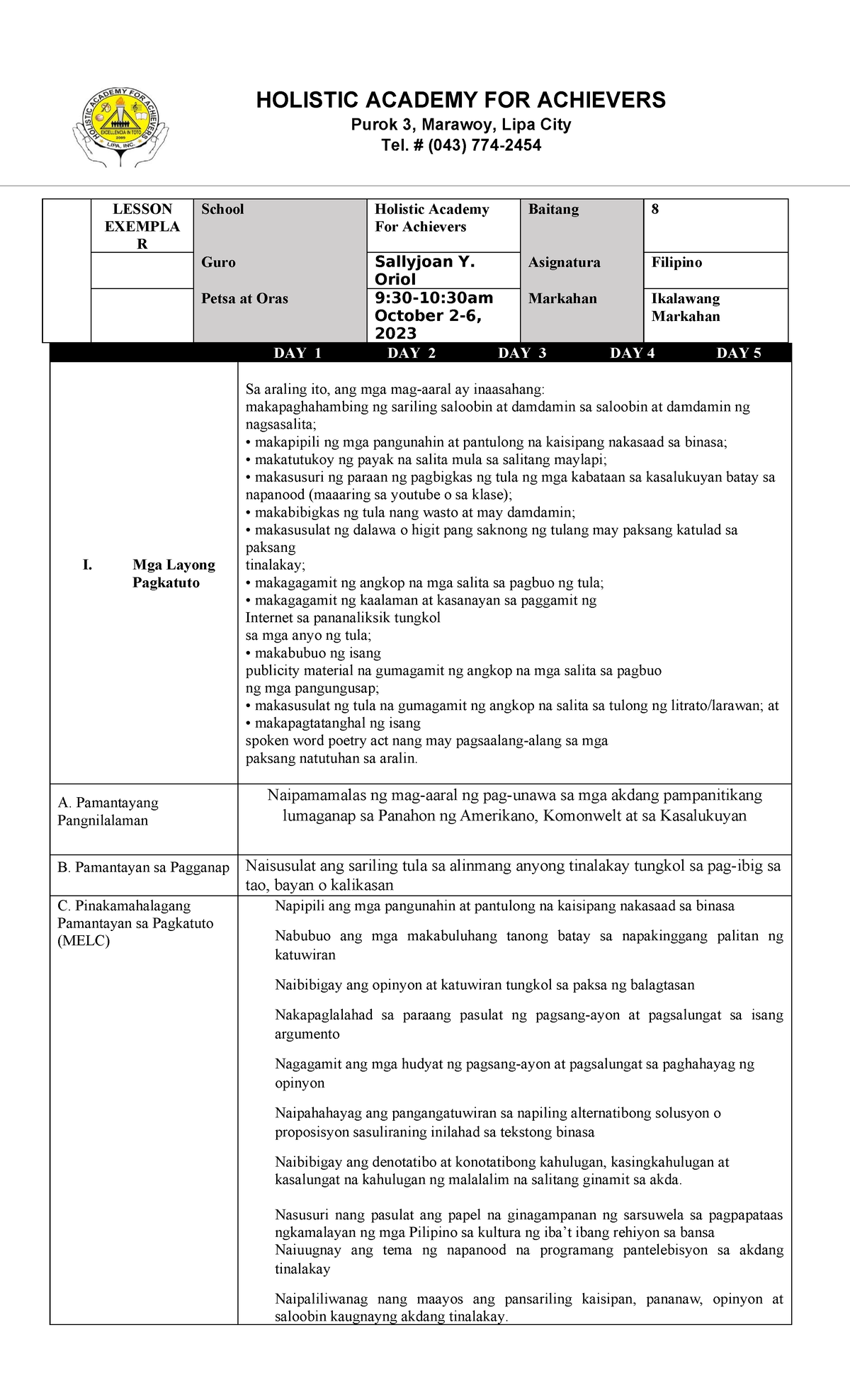 Grade 8- Filipino W1 Q2 - HOLISTIC ACADEMY FOR ACHIEVERS Purok 3 ...