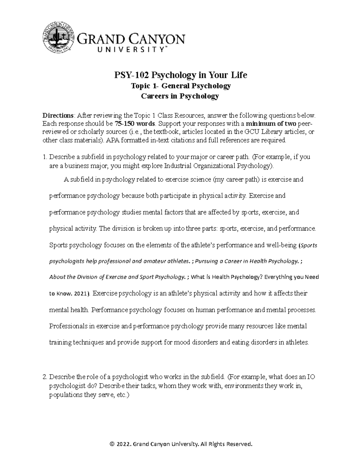 Careers in psychology - PSY-102 Psychology in Your Life Topic 1 ...