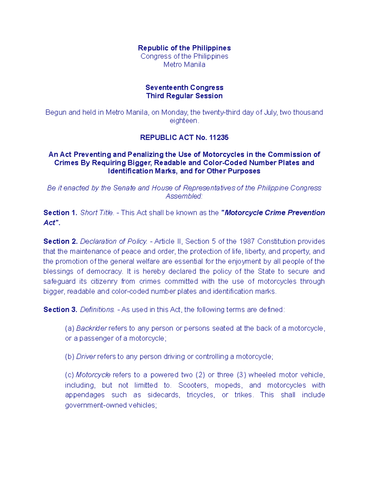 R.A. No. 11235 [2019 ] - Motorcycle Crime Prevention Act - Republic of ...