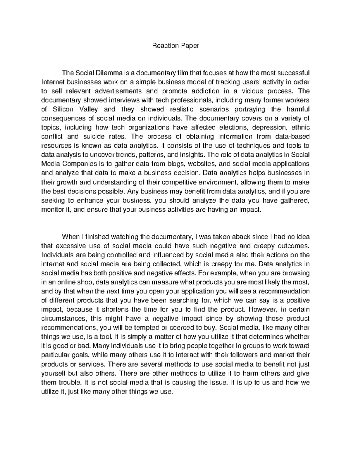 Reaction Paper - Reaction Paper The Social Dilemma is a documentary ...