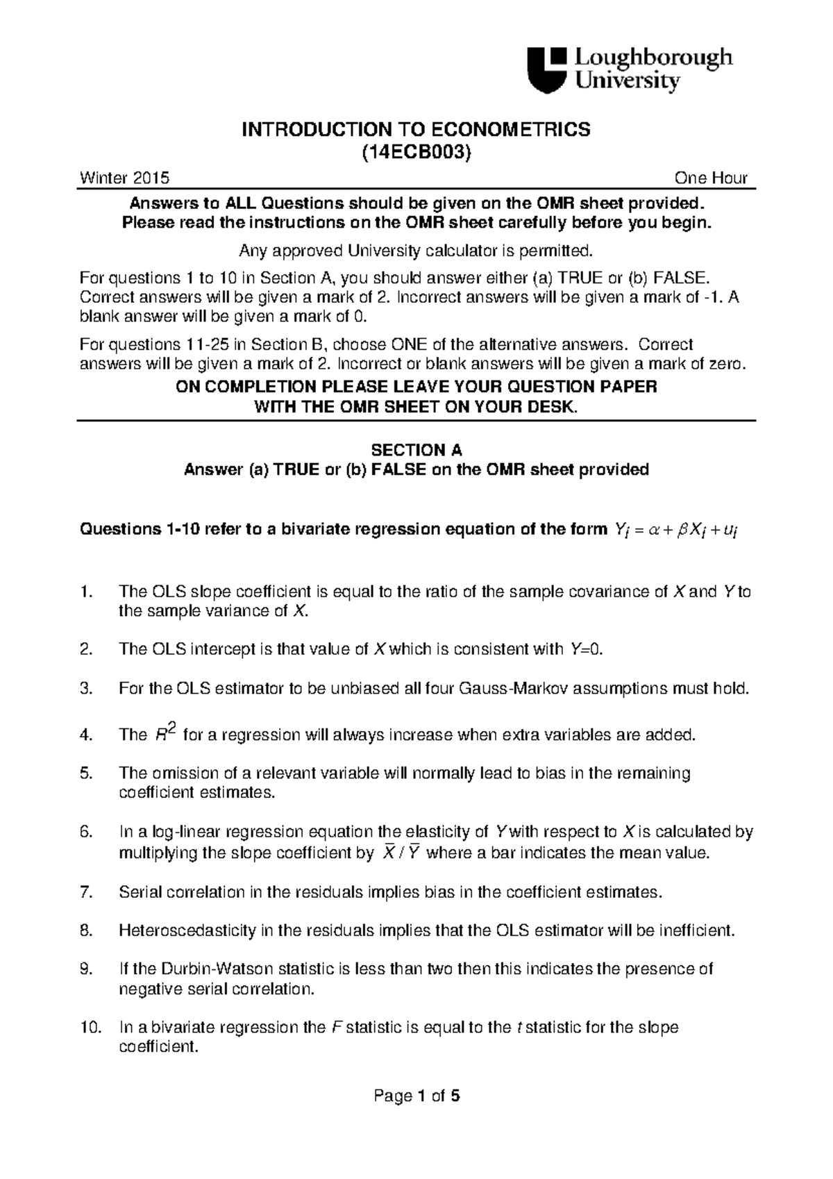 14ecb003 Class Test Introduction To Econometrics 14ecb003 Winter 2015 One Hour Answers To