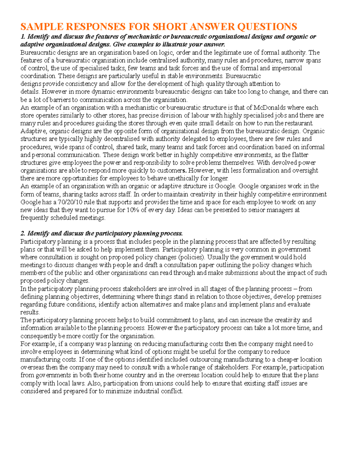 Sample/practice exam 2015, questions and answers - SAMPLE RESPONSES FOR ...