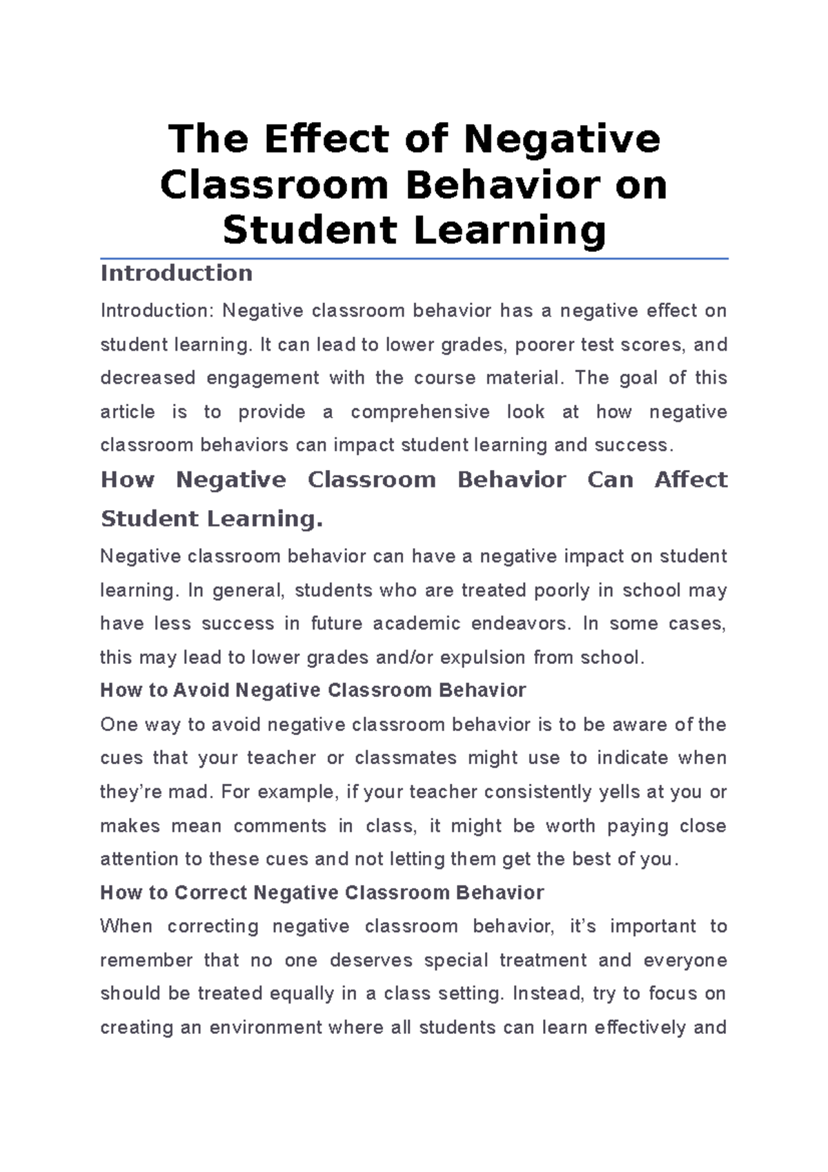 The Effect of Negative Classroom Behavior on Student Learning - The ...