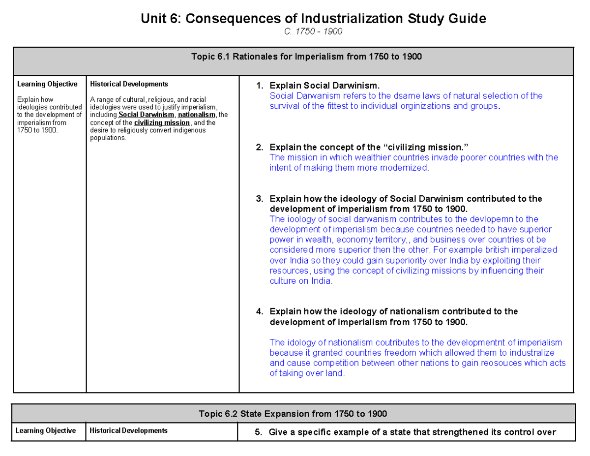 Unit 6 Study Guide - Unit 6: Consequences of Industrialization Study ...