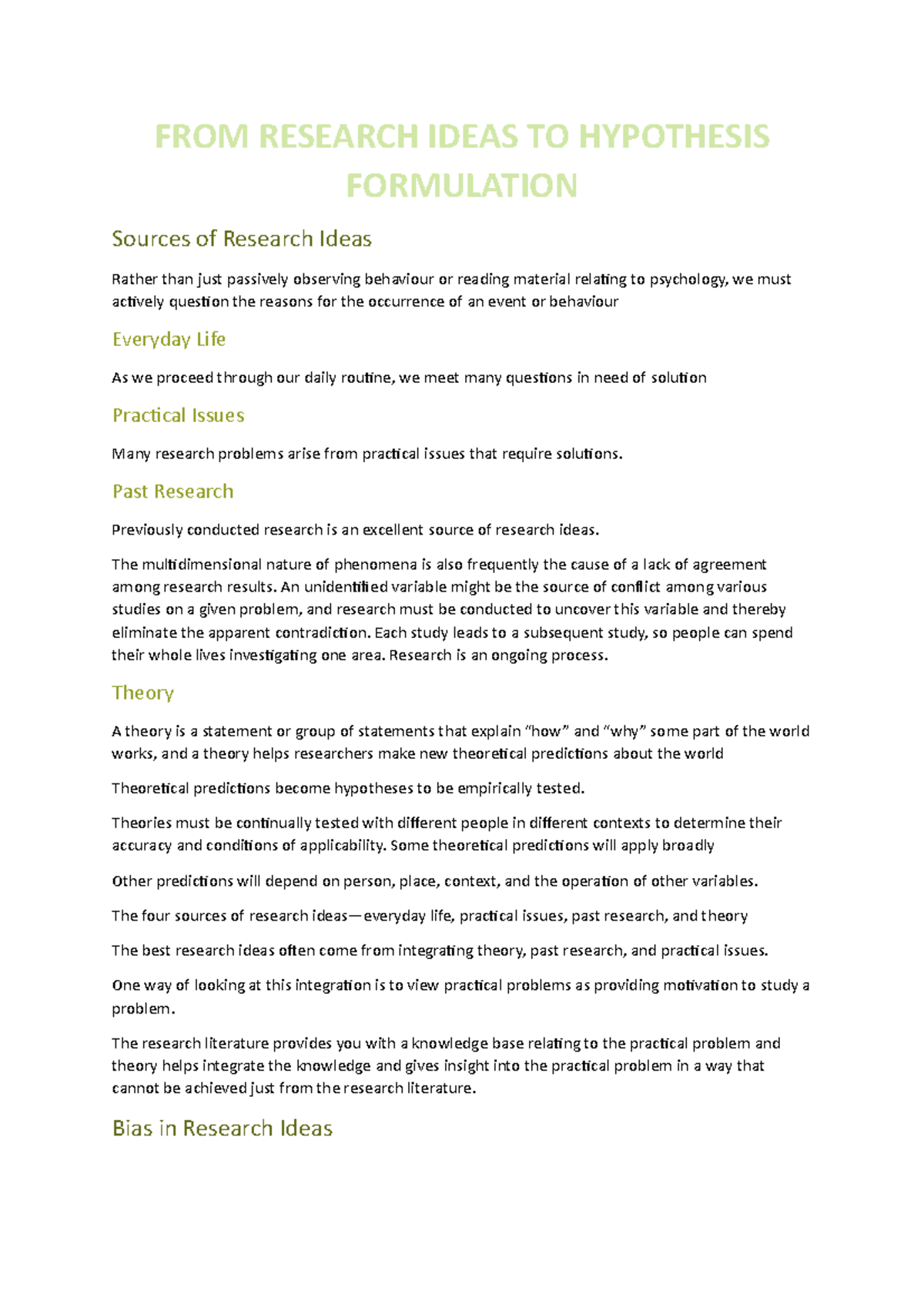 Chapter 3, FROM RESEARCH IDEAS TO HYPOTHESIS FORMULATION - RES 320 - UP ...