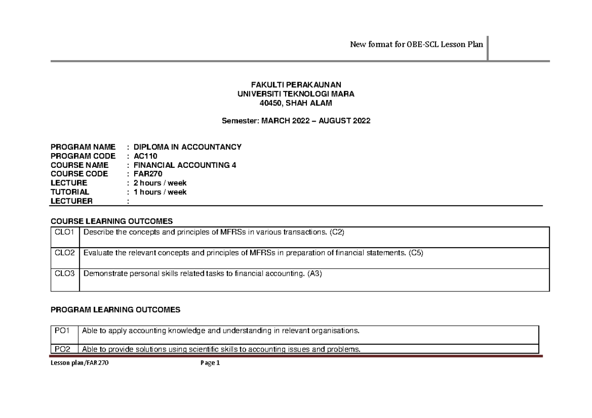 FAR270 OBE Lesson PLAN MAC2022 - FAKULTI PERAKAUNAN UNIVERSITI ...