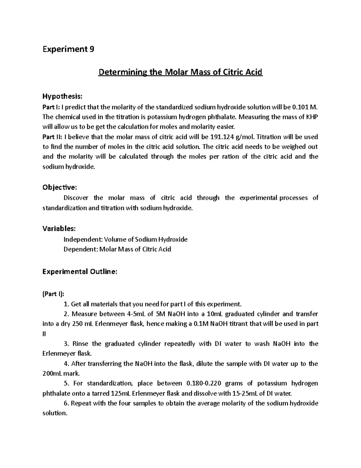 ACHM 115 - Experiment 9 - Determining the Molar Mass of Citric Acid ...