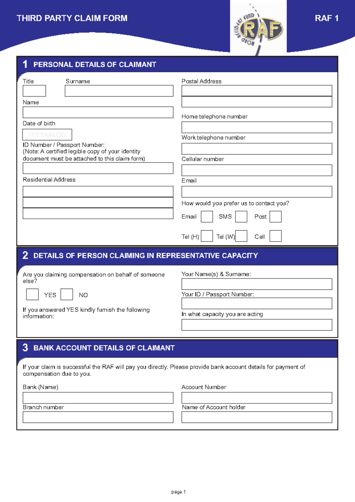 Old RAF 1 - Road accident Fund RAF 1 FORM - 3 BANK ACCOUNT DETAILS OF ...