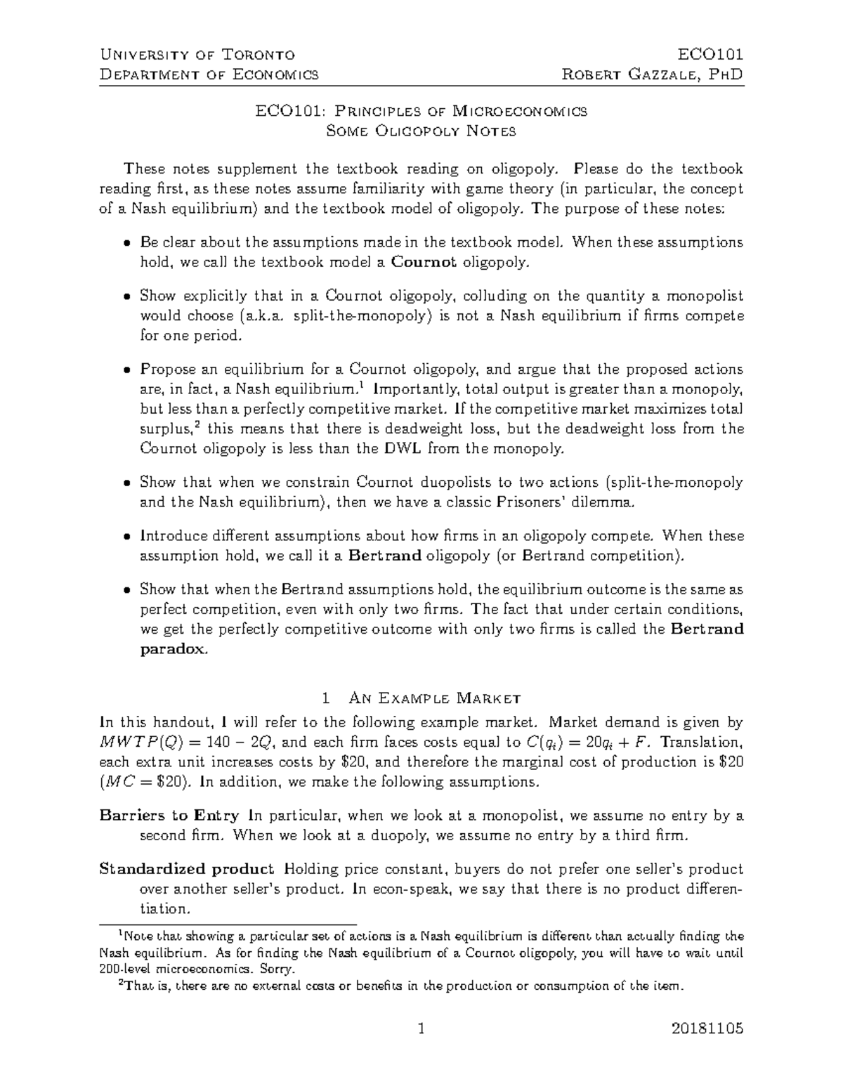 Oligopoly Handout - Gazzale - Department of Economics Robert Gazzale ...