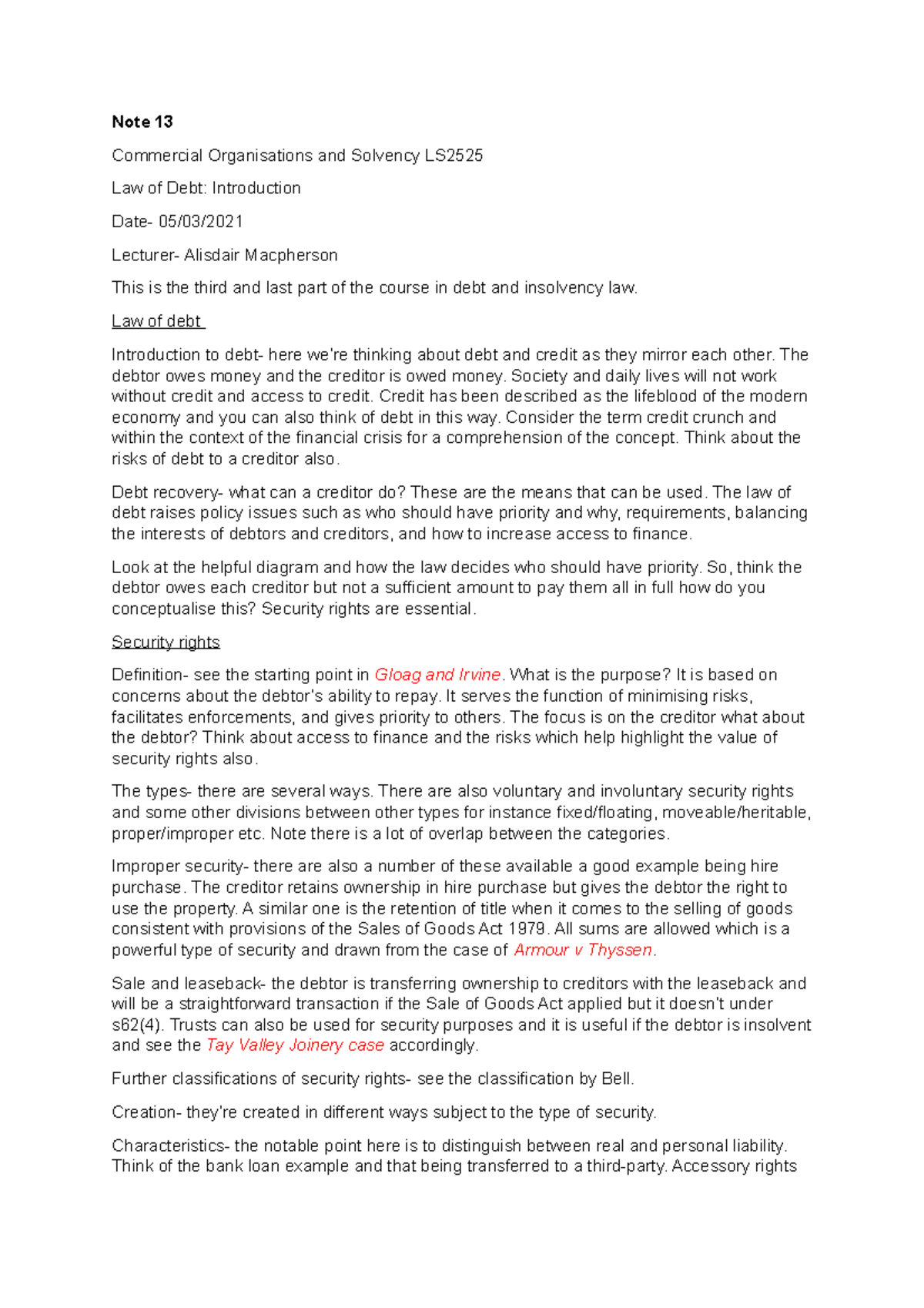 Law of Debt intro - Note 13 Commercial Organisations and Solvency LS ...