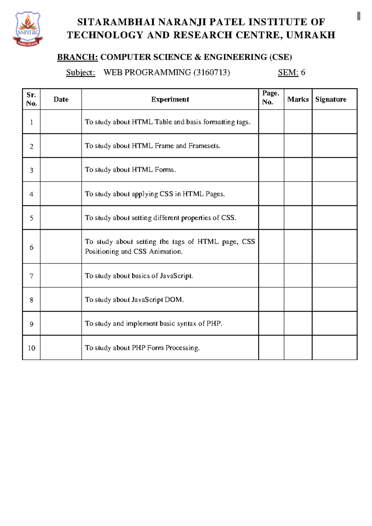 Practical Index WP(3160713) - SITARAMBHAI NARANJI PATEL INSTITUTE OF ...
