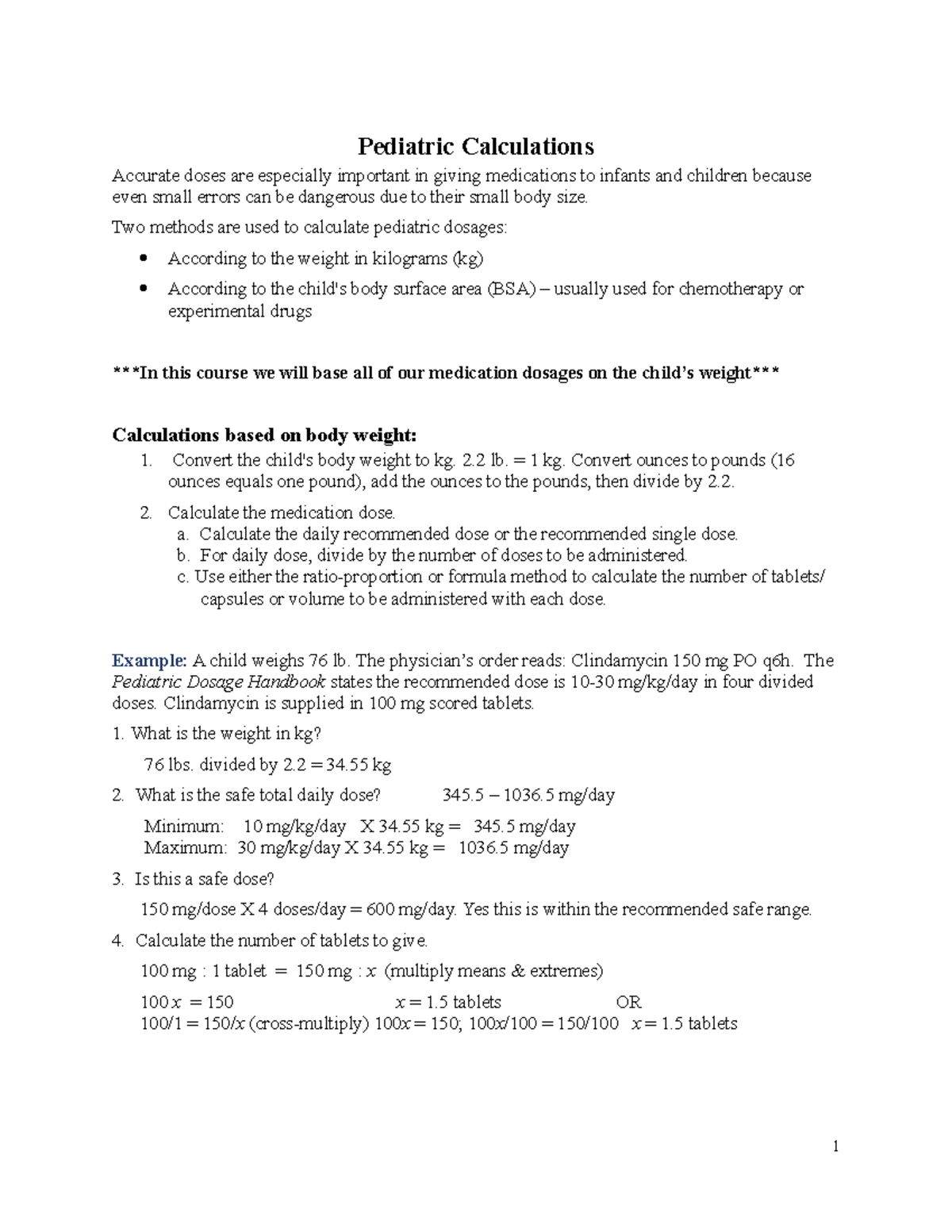 Pediatric Dosage Calculation(1) - Pediatric Calculations Accurate doses ...