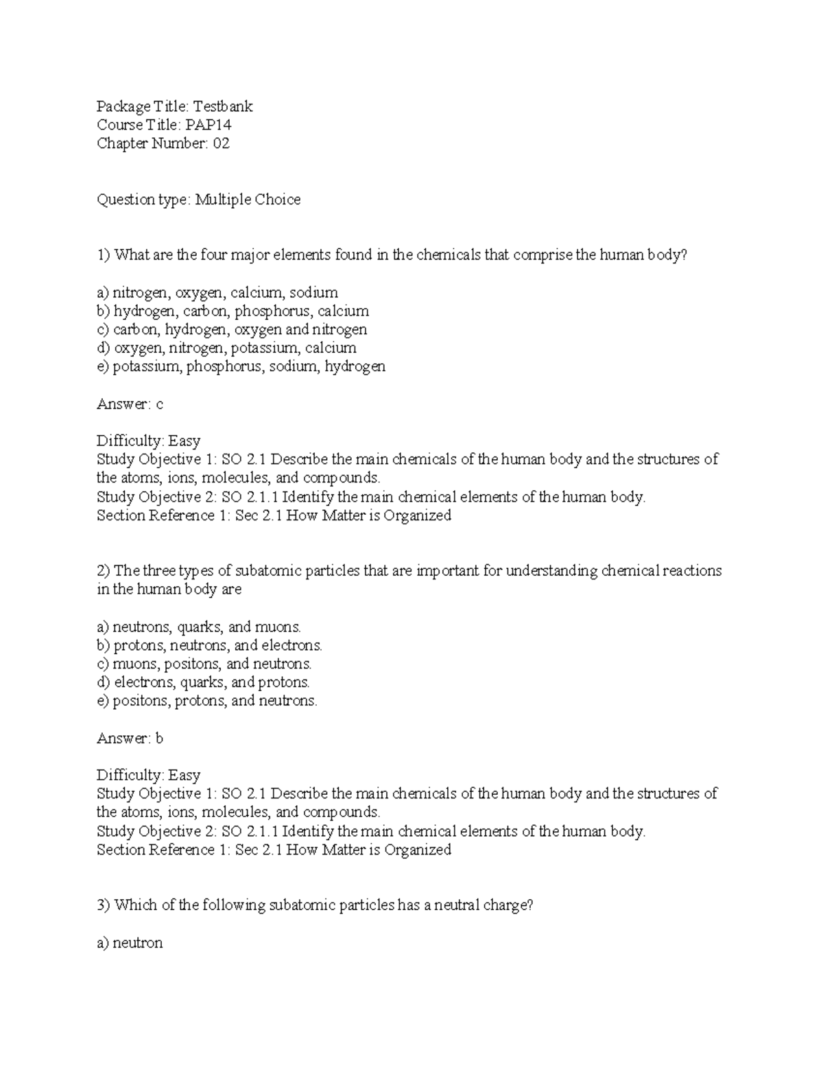 Ch02- Anatomy &Physiology - Package Title: Testbank Course Title: PAP ...