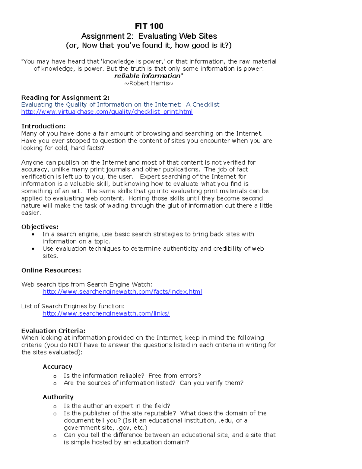 Evaluation - web content - FIT 100 Assignment 2: Evaluating Web Sites ...
