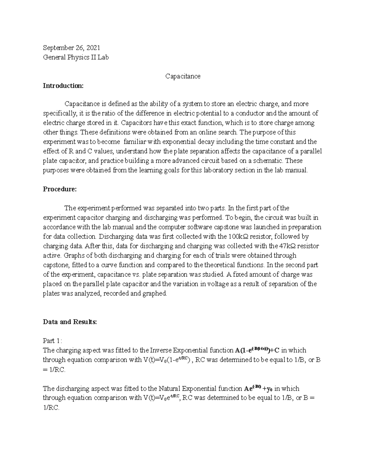 Lab 3 Physics 2 - Lab 3 Capacitance - September 26, 2021 General ...