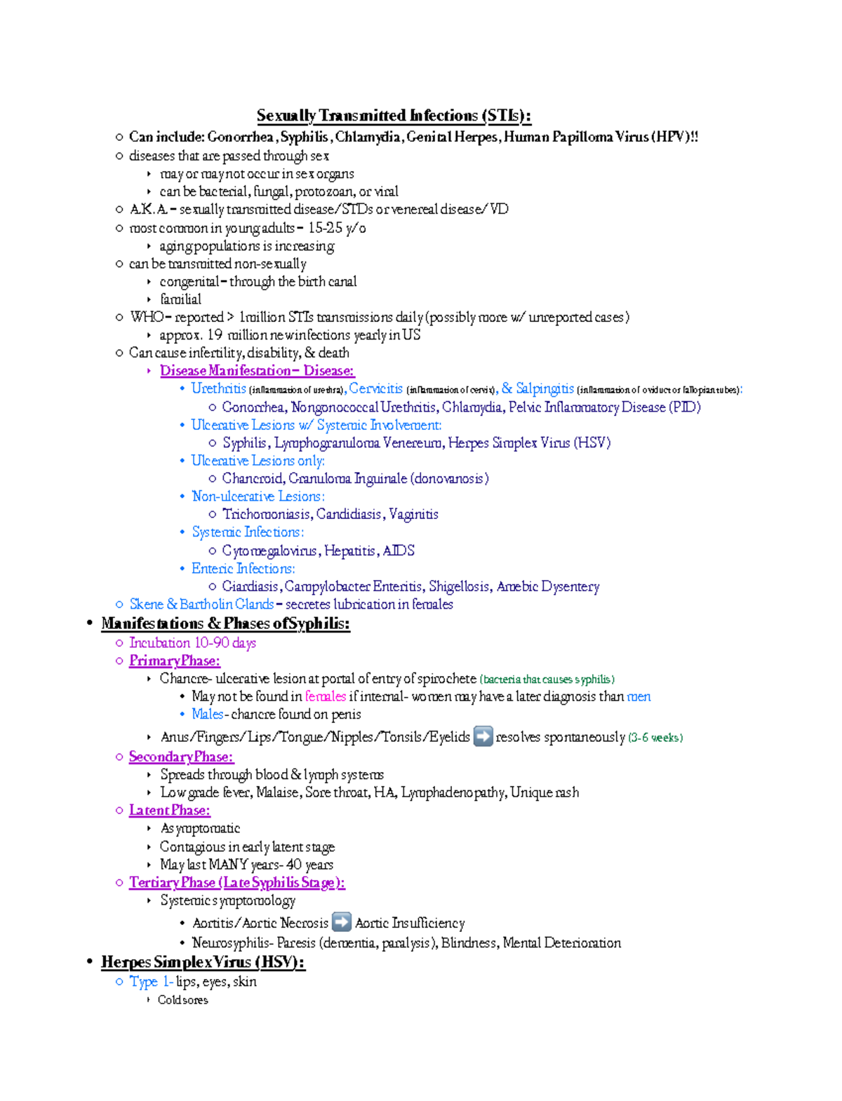 Patho STI Notes for Exam 4 - Sexually Transmitted Infections (STIs ...