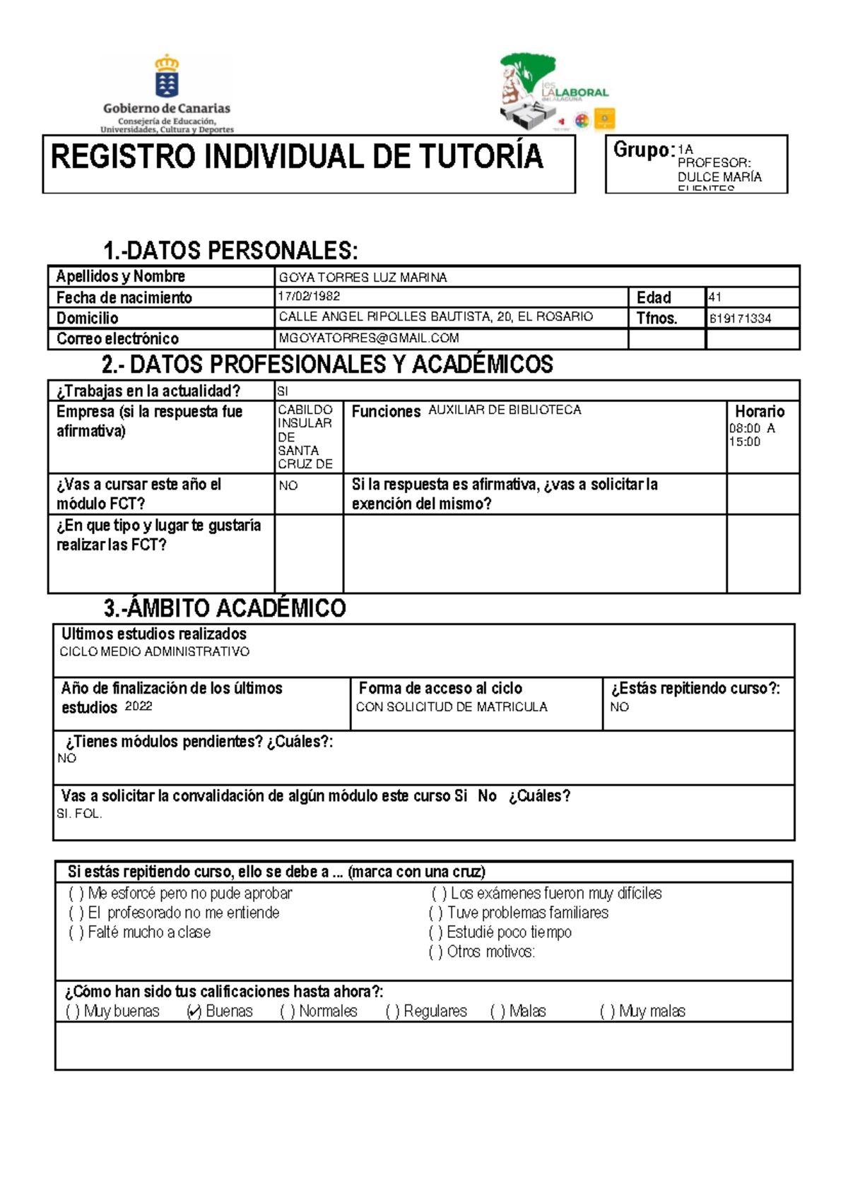 02- Registro DE Tutoria - Alumnos - REGISTRO INDIVIDUAL DE TUTORÍA Grupo: 1.-DATOS PERSONALES ...