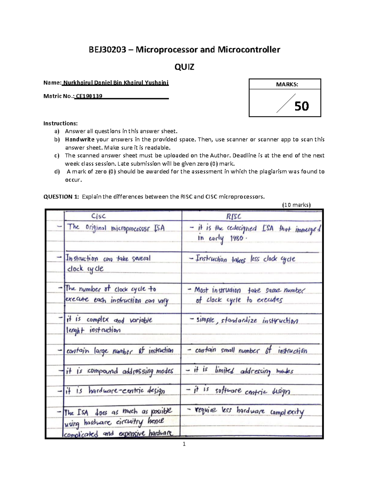 Quiz ce190139 nurkhairuldaniel - BEJ30203 – Microprocessor and Microcontroller QUIZ Name ...